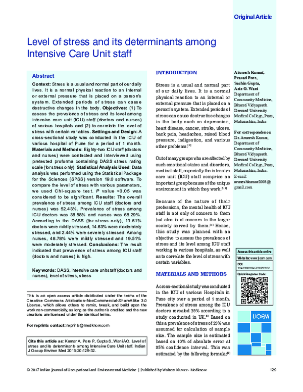 (PDF) Level of stress and its determinants among Intensive Care Unit staff