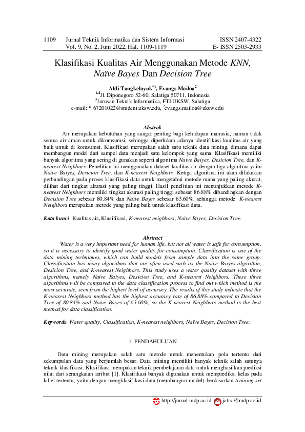 (PDF) The Klasifikasi Kualitas Air Menggunakan Metode KNN, Naïve Bayes ...