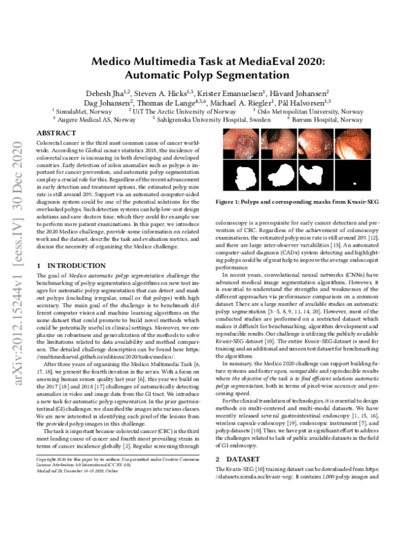 (PDF) Medico Multimedia Task at MediaEval 2020: Automatic Polyp ... (PDF) Medico Multimedia Task at MediaEval 2020: Automatic Polyp ...