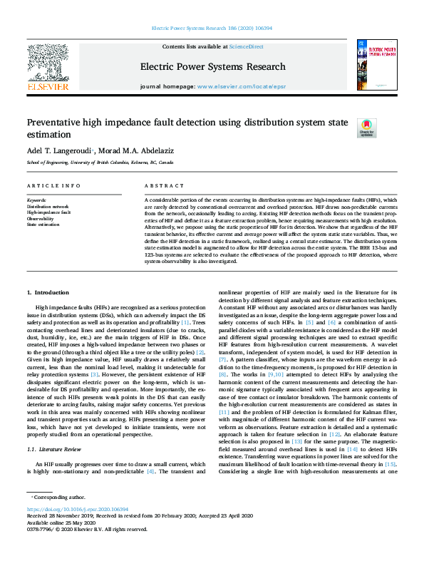 Pdf Preventative High Impedance Fault Detection Using Distribution System State Estimation