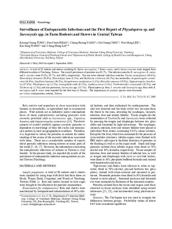 Surveillance of Endoparasitic Infections and the First Report of ...