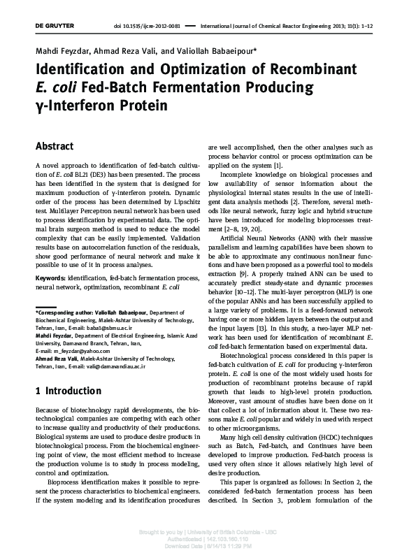 (PDF) Identification and Optimization of Recombinant E. coli Fed-Batch Fermentation Producing γ ...