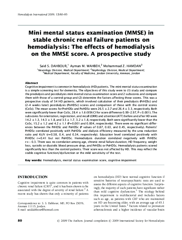 (PDF) Mini mental status examination (MMSE) in stable chronic renal ...