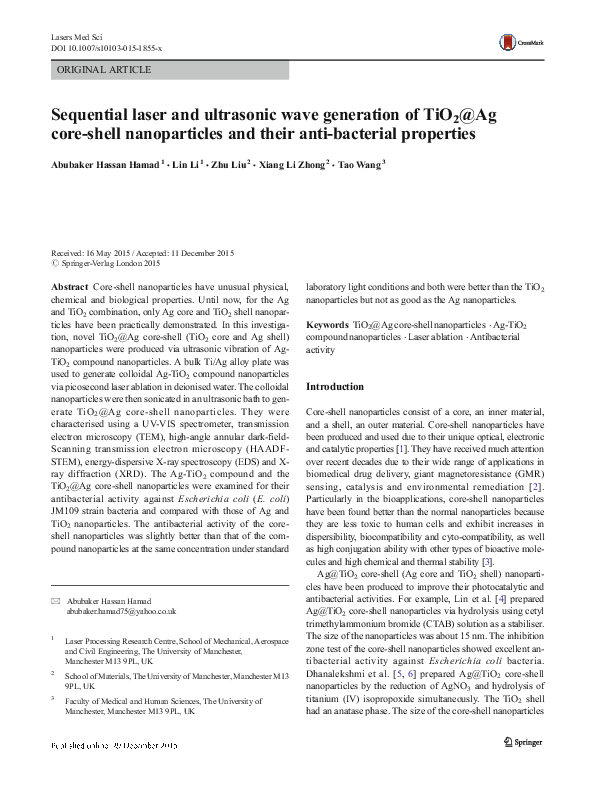 (PDF) Sequential laser and ultrasonic wave generation of TiO2@Ag core-shell nanoparticles and ...