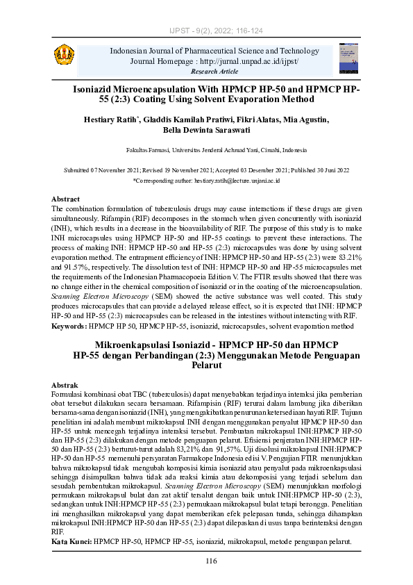 (PDF) Isoniazid Microencapsulation With HPMCP HP-50 and HPMCP HP- 55 (2 ...