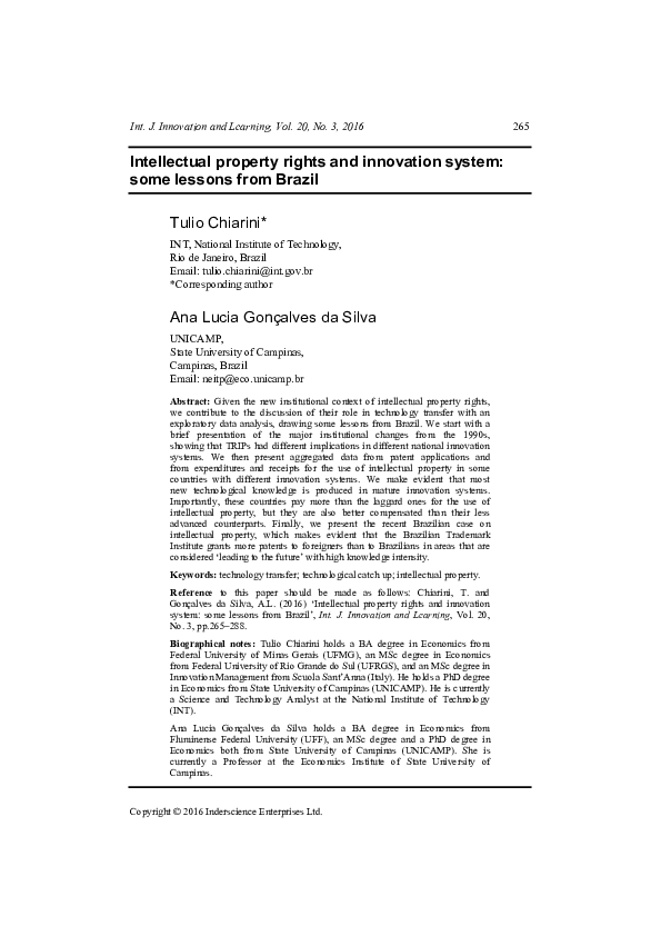 (PDF) Intellectual Property Rights and Innovation Systems: Issues for ...