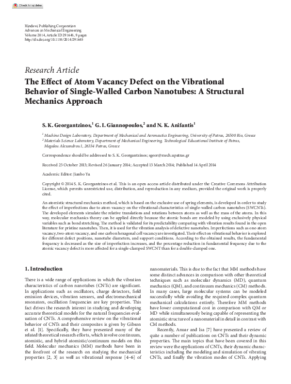 (PDF) The Effect of Atom Vacancy Defect on the Vibrational Behavior of Single-Walled Carbon ...