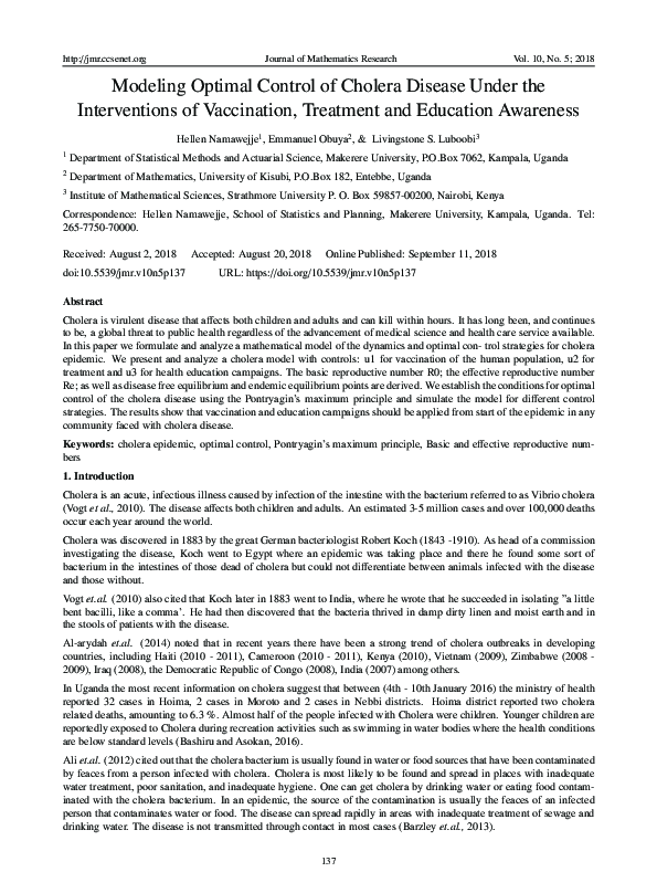 (PDF) Modeling Optimal Control of Cholera Disease Under the ...