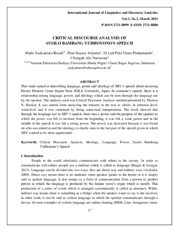 (PDF) Critical Discourse Analysis Of Susilo Bambang Yudhoyono’s Speech