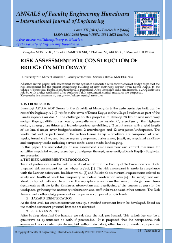 (PDF) Risk Assessment for Construction of Bridge on Motorway