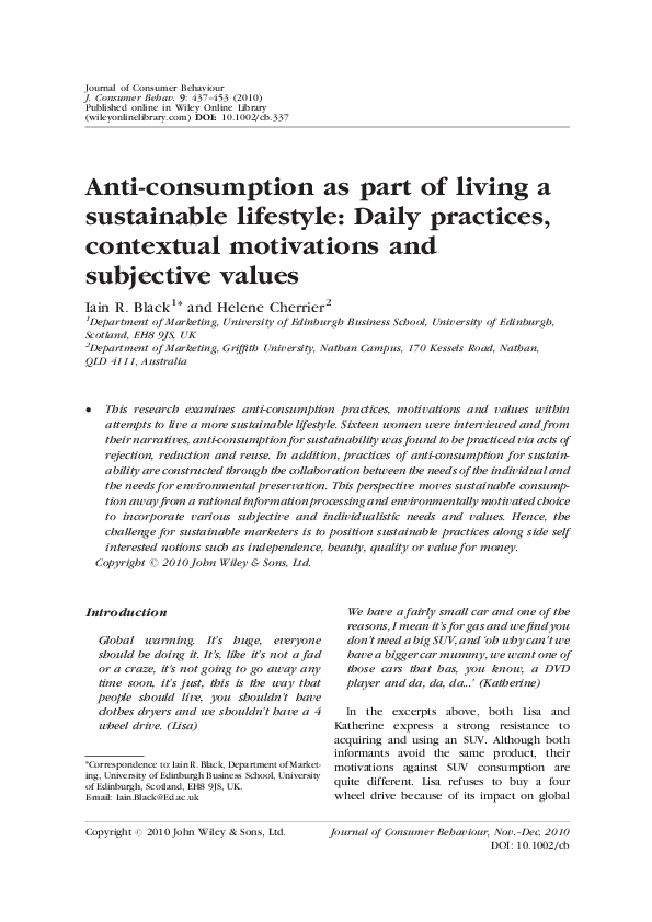 (PDF) Anti‐consumption as part of living a sustainable lifestyle: daily ...