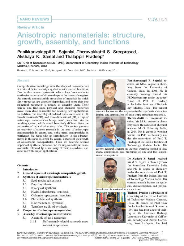 (PDF) Anisotropic nanomaterials: structure, growth, assembly, and functions | Pradeep Thalappil ...