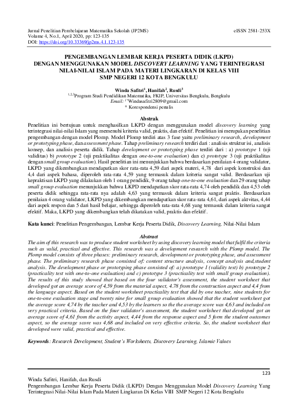 (PDF) Pengembangan Lembar Kerja Peserta Didik (LKPD) Dengan Menggunakan Model Discovery Learning ...