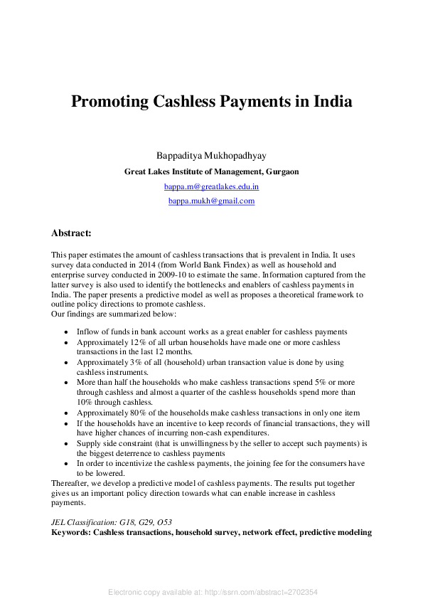(PDF) Promoting Cashless Payments in India