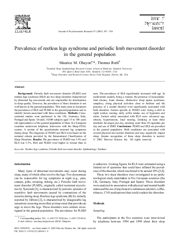 (PDF) Prevalence of restless legs syndrome and periodic limb movement ...