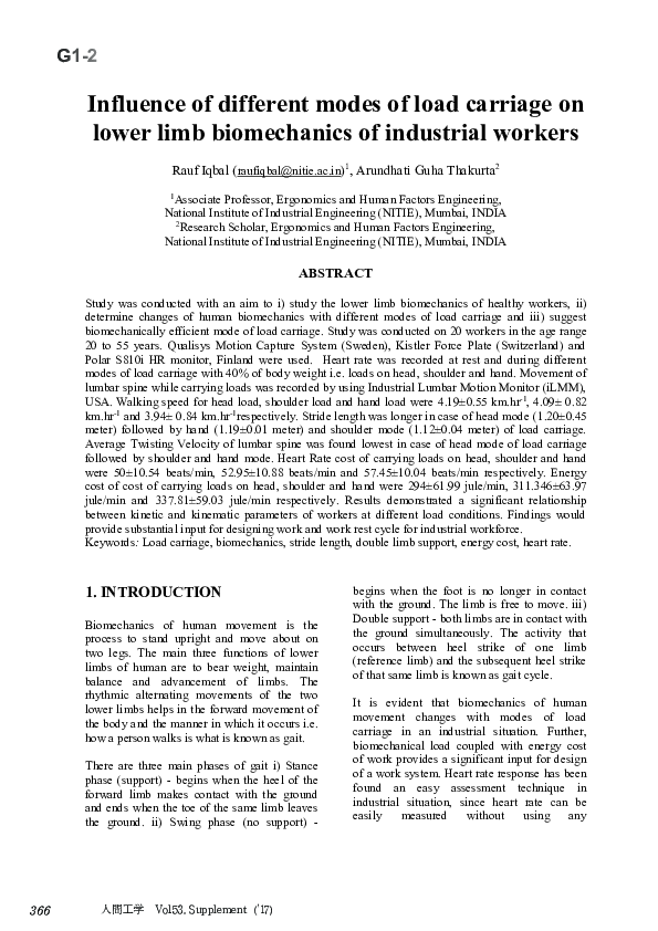 (PDF) G1-2 Influence of different modes of load carriage on lower limb ...