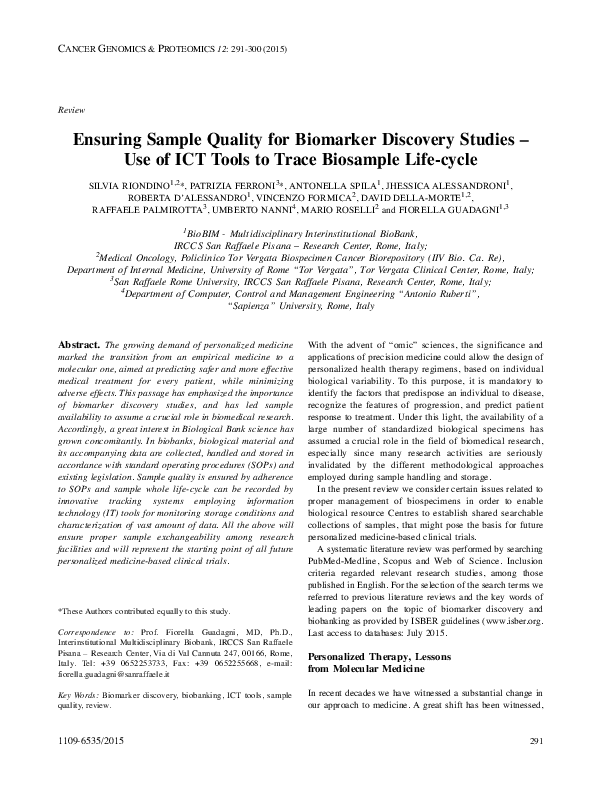 (PDF) Ensuring Sample Quality for Biomarker Discovery Studies - Use of ...