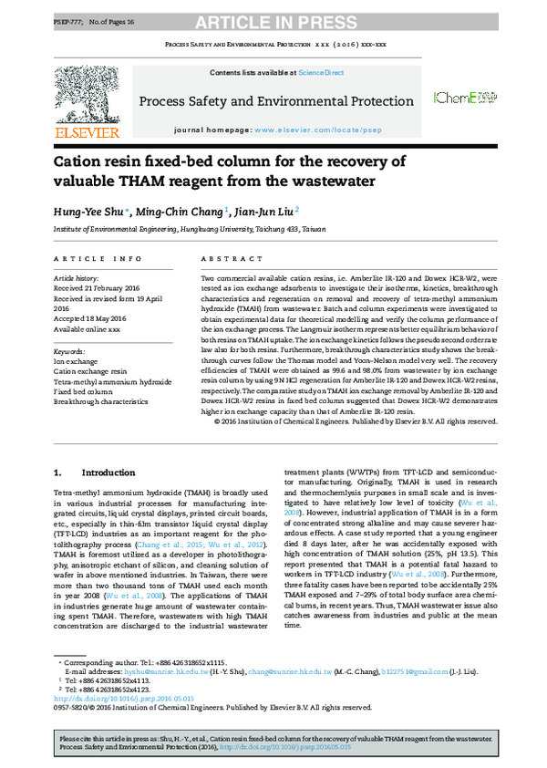 (PDF) Cation resin fixed-bed column for the recovery of valuable THAM ...