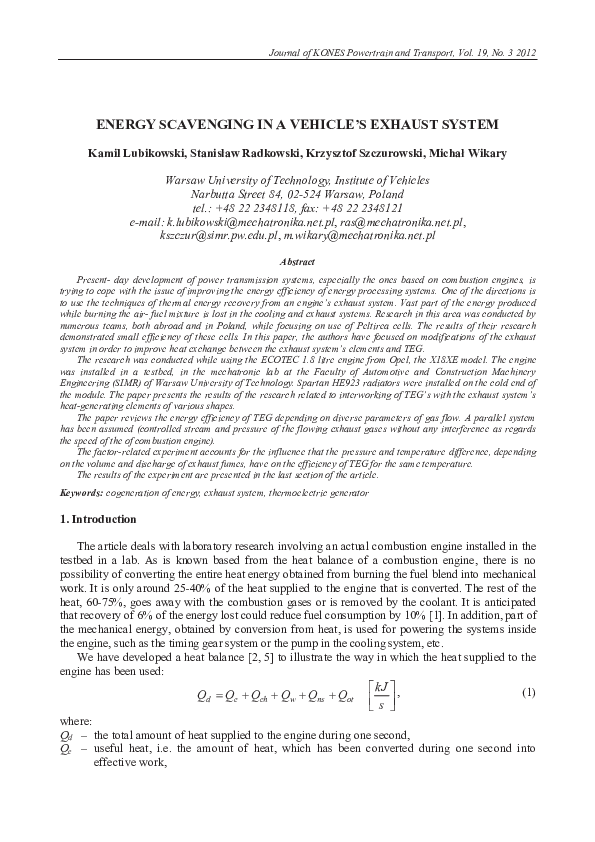 (PDF) Energy Scavenging in a Vehicle’s Exhaust System