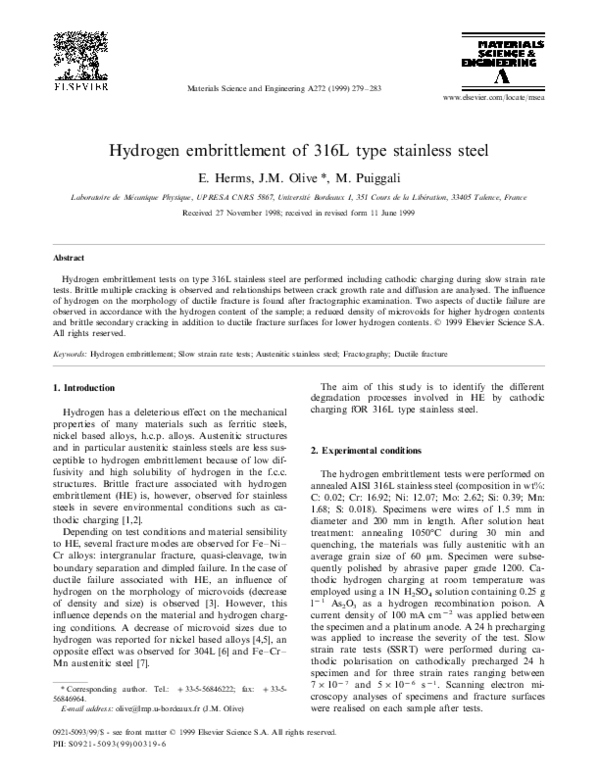 (PDF) Hydrogen embrittlement of 316L type stainless steel