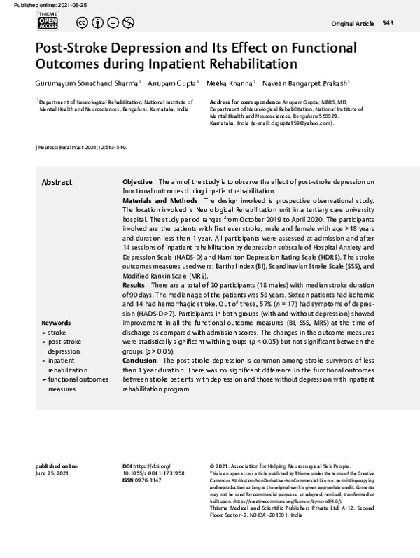(PDF) Post-Stroke Depression and Its Effect on Functional Outcomes ...