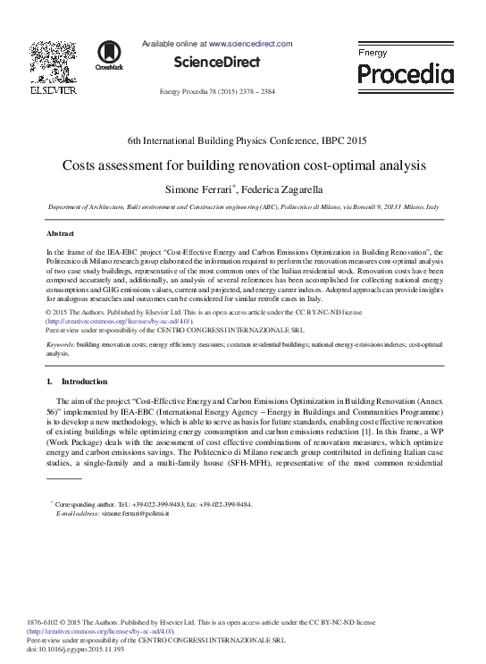 (PDF) Costs Assessment for Building Renovation Cost-optimal Analysis