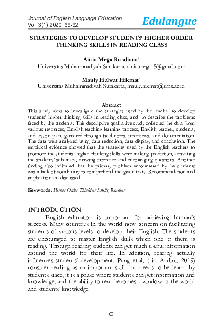 (PDF) Strategies to Develop Students' Higher Order Thinking Skills in Reading Class