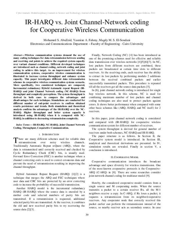 (PDF) IR-HARQ vs. Joint Channel-Network coding for Cooperative Wireless Communication