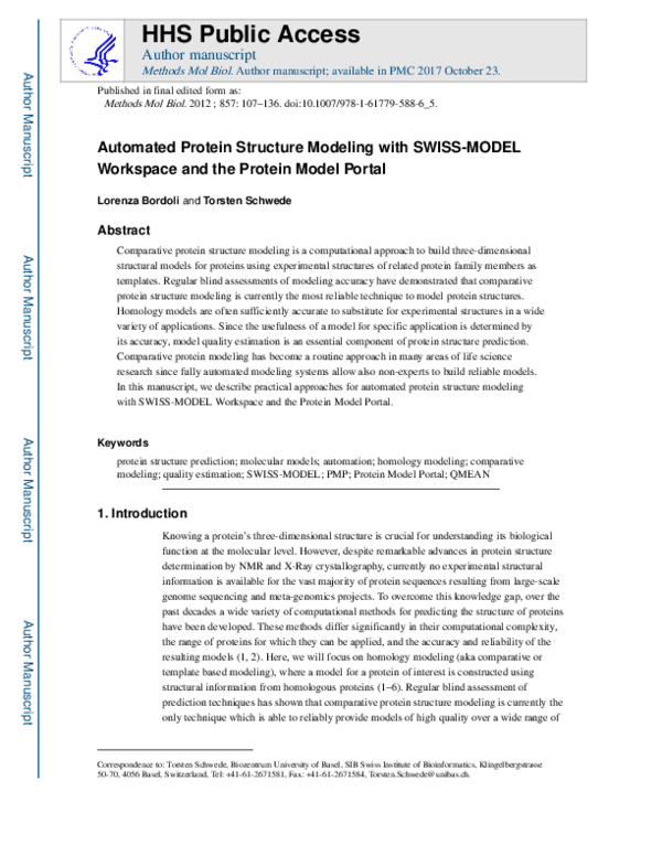 (PDF) Automated Protein Structure Modeling with SWISS-MODEL Workspace ...