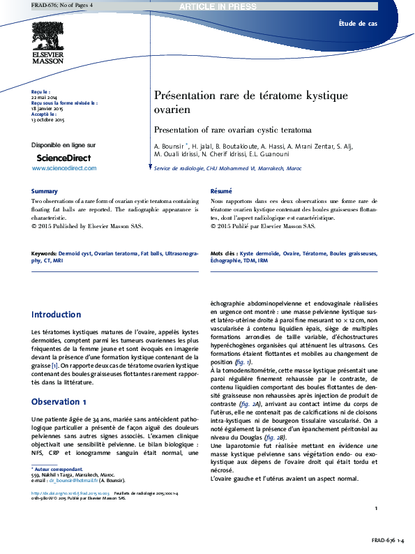 (PDF) Présentation rare de tératome kystique ovarien