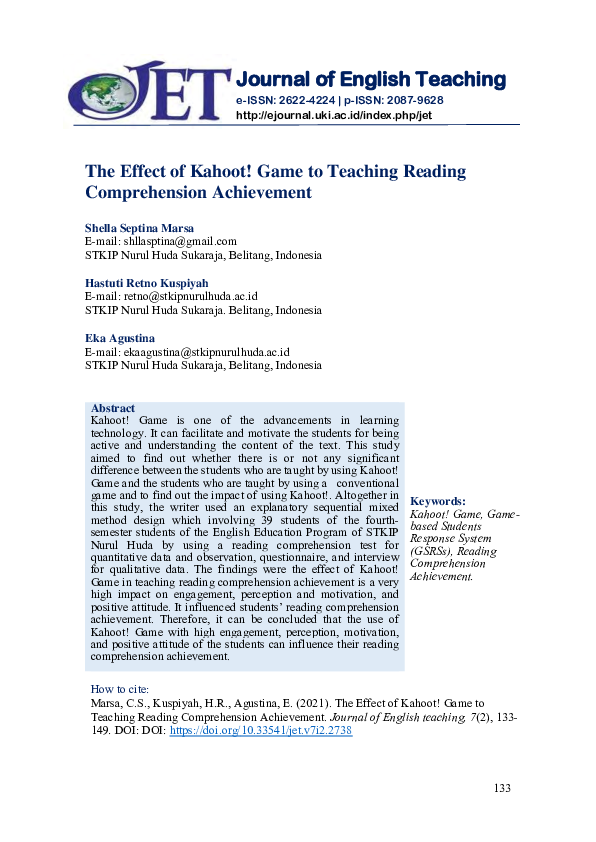 (PDF) The Effect of Kahoot! Game to Teaching Reading Comprehension Achievement