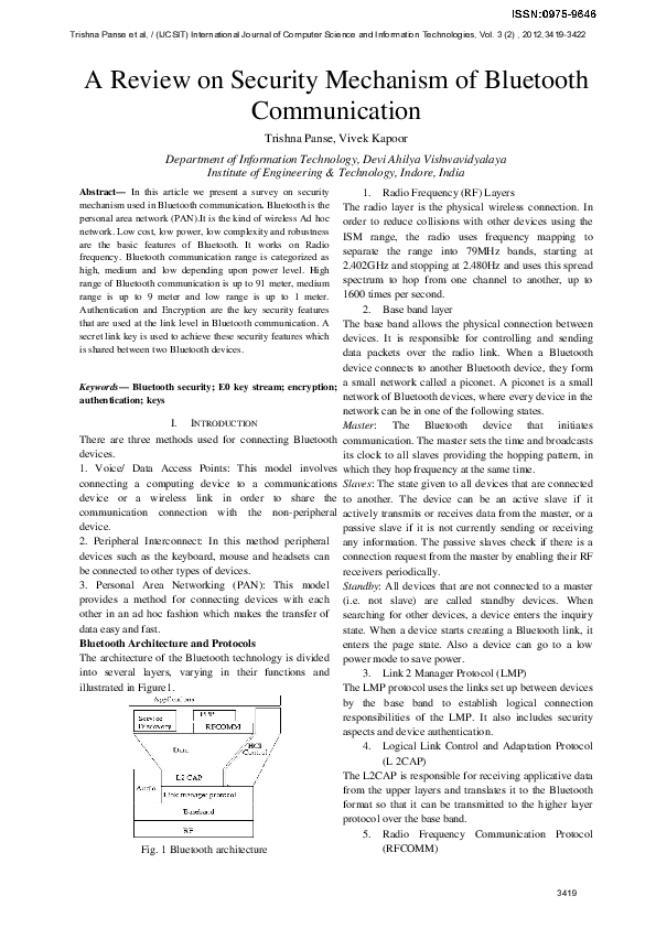 (PDF) A Review on Security Mechanism of Bluetooth Communication