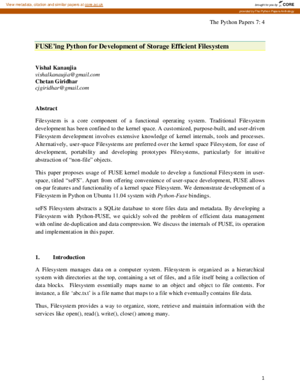 (PDF) FUSE’ing Python for Development of Storage Efficient Filesystem