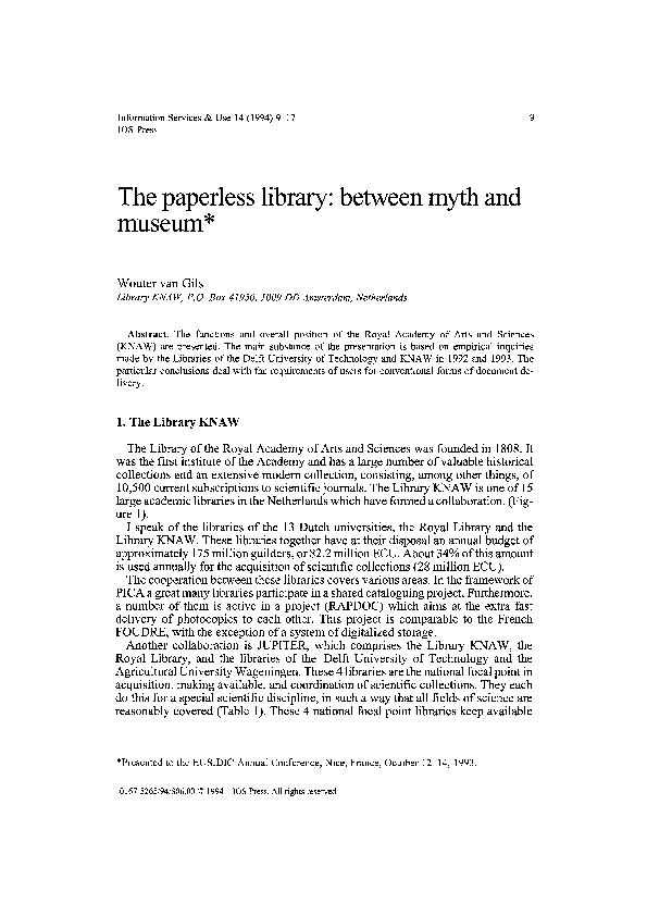(PDF) The paperless library: between myth and museum* | Wouter van Gils ...