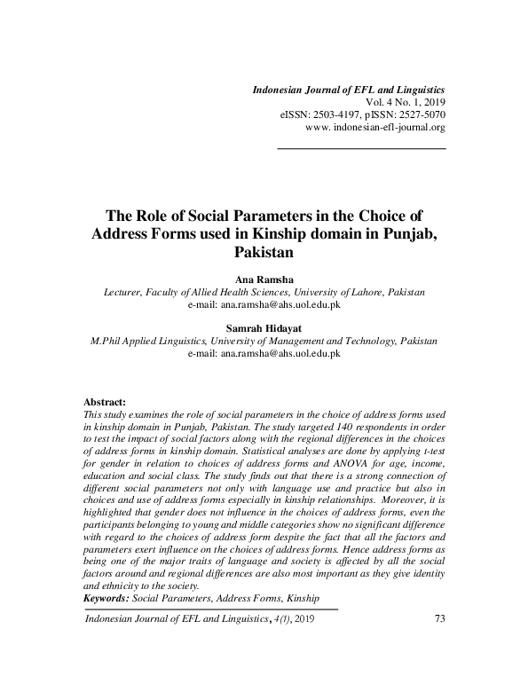 (PDF) The Role of Social Parameters in the Choice of Address Forms used ...