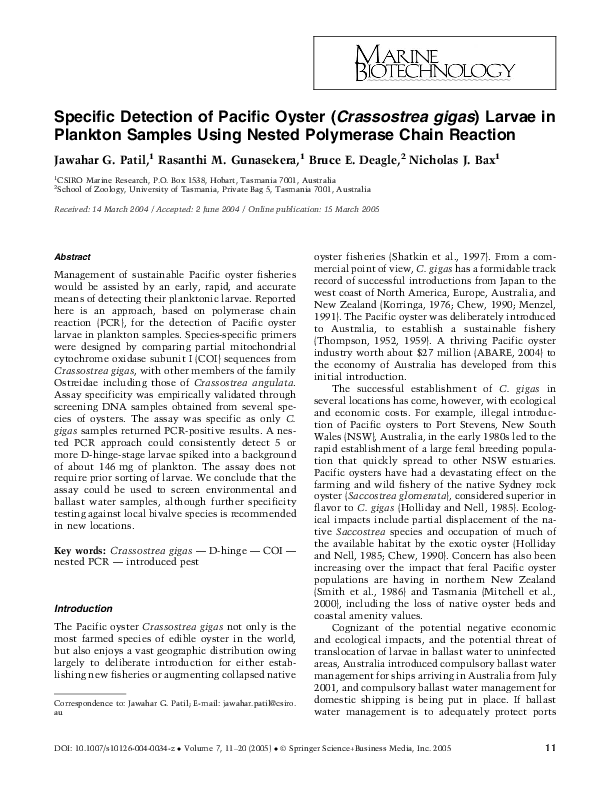 Pdf Specific Detection Of Pacific Oyster Crassostrea Gigas Larvae