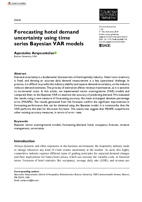 (PDF) Forecasting hotel demand uncertainty using time series Bayesian VAR models
