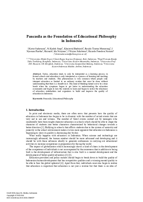 Pdf Pancasila As The Foundation Of Educational Philosophy In Indonesia 