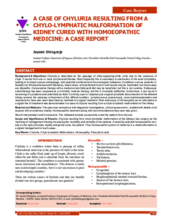 (PDF) A Case of Chyluria Resulting from a Chylo-Lymphatic Malformation ...