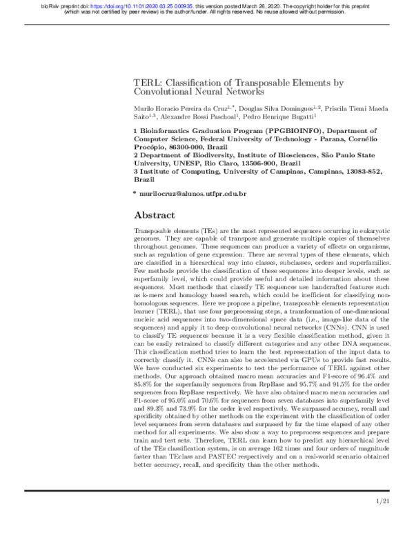 (PDF) TERL: Classification of Transposable Elements by Convolutional Neural Networks
