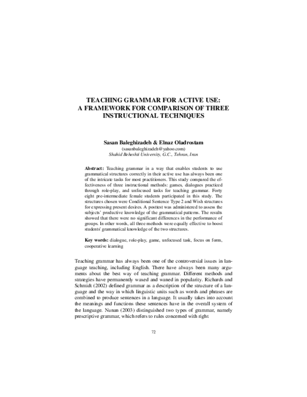 (PDF) Teaching Grammar for Active Use: A Framework for Comparison of ...