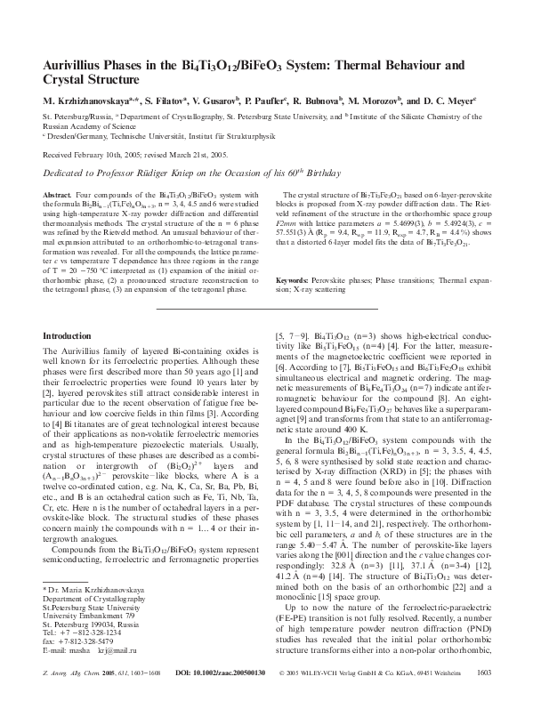 (PDF) Aurivillius Phases in the Bi4Ti3O12/BiFeO3 System: Thermal ...