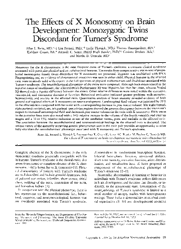 (PDF) The effects of X monosomy on brain development: Monozygotic twins discorcant for Turner's ...