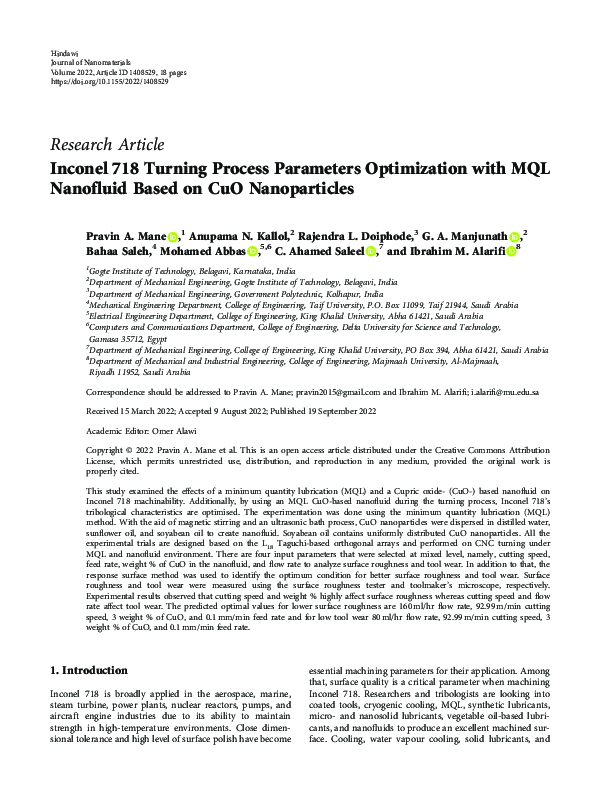 (PDF) Inconel 718 Turning Process Parameters Optimization with MQL Nanofluid Based on CuO ...