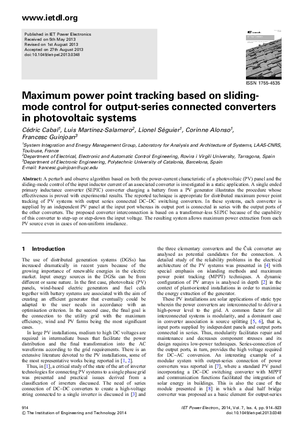 Pdf Maximum Power Point Tracking Based On Sliding Mode Control For Output Series Connected