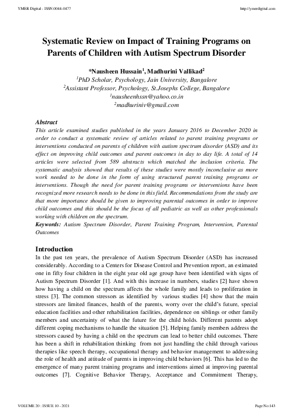 (PDF) Systematic Review on Impact of Training Programs on Parents of Children with Autism ...