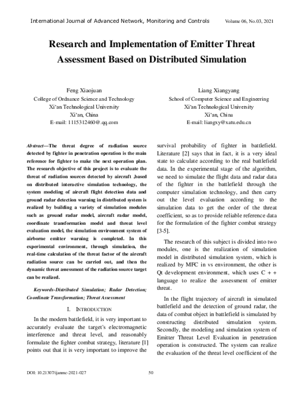 (PDF) Research and Implementation of Emitter Threat Assessment Based on Distributed Simulation ...