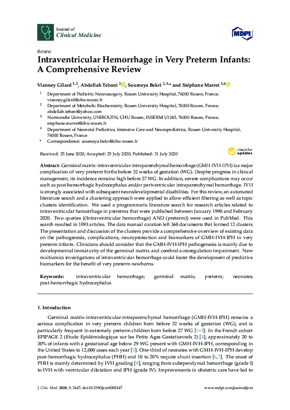 (PDF) Intraventricular Hemorrhage in Very Preterm Infants: A Comprehensive Review | Soumeya ...