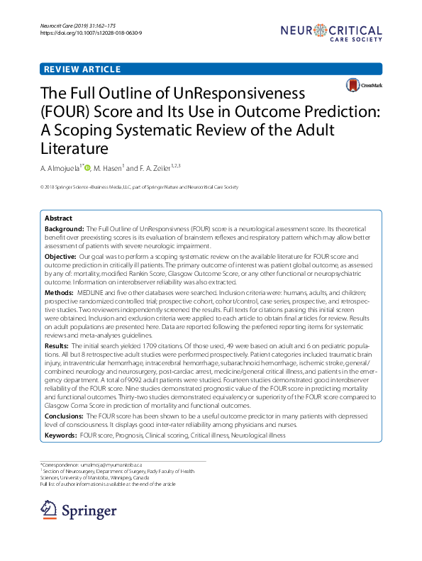 (PDF) The Full Outline of UnResponsiveness (FOUR) Score and Its Use in ...