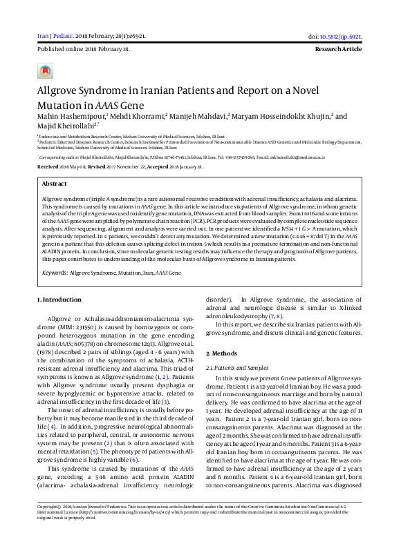 (PDF) Allgrove Syndrome in Iranian Patients and Report on a Novel Mutation in AAAS Gene